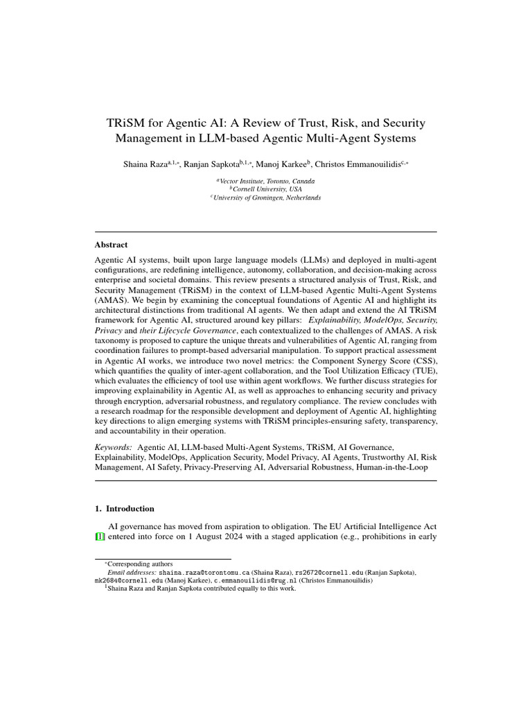 TRiSM for Agentic AI: A Review of Trust, Risk, and Security Management ...