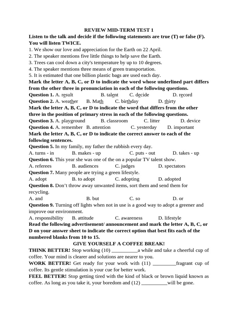 Review Mid-term Test 10 | PDF | Behavioural Sciences