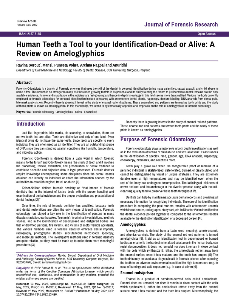 Ameloglyphics in Forensic Odontology | PDF | Tooth Enamel | Dentistry