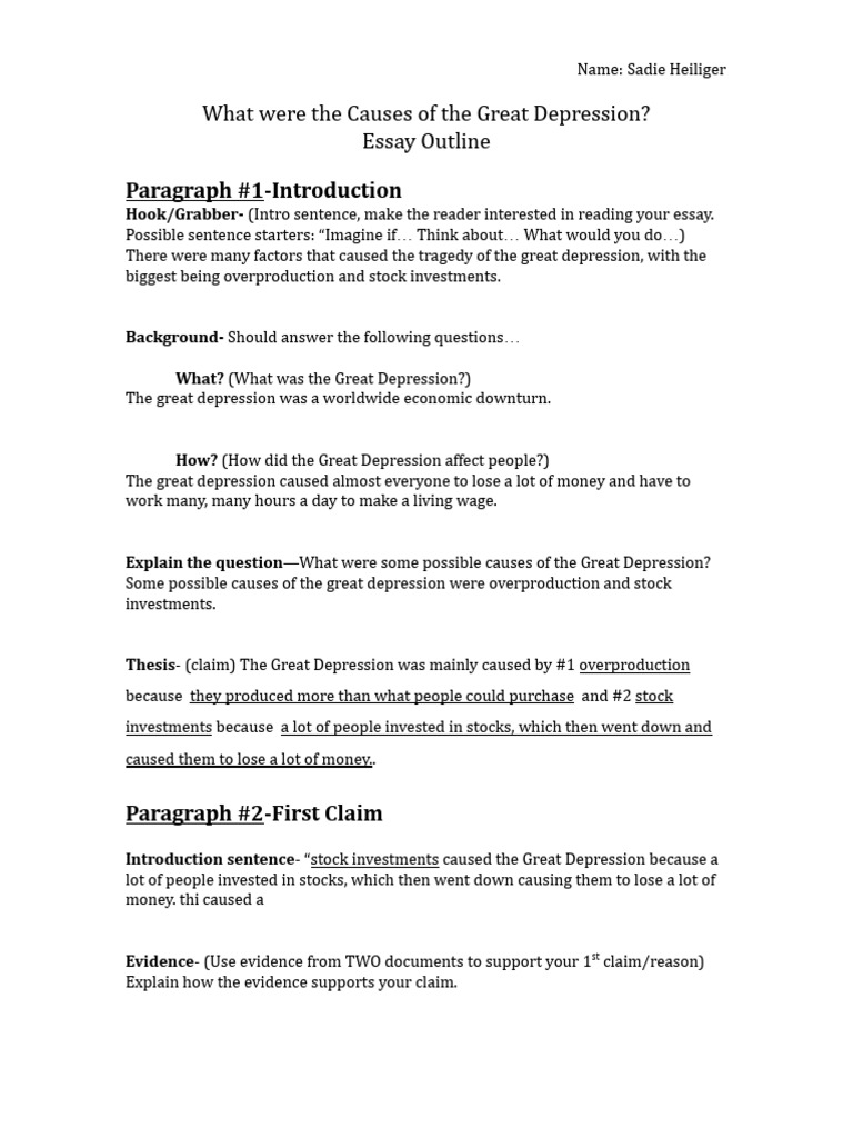 Sadie Heiliger - 2. Great Depression DBQ Essay Outline | PDF | Essays ...