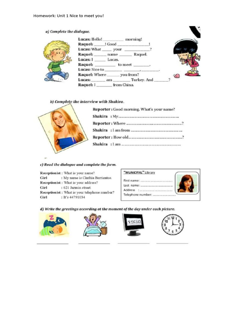 Homework Unit 1 Nice to Meet You! | PDF