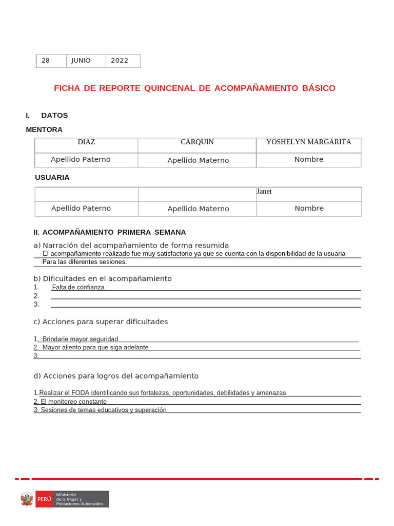 Ficha de Reporte Quincenal.docx Janet.docx Sesion 6 y7 | PDF ...