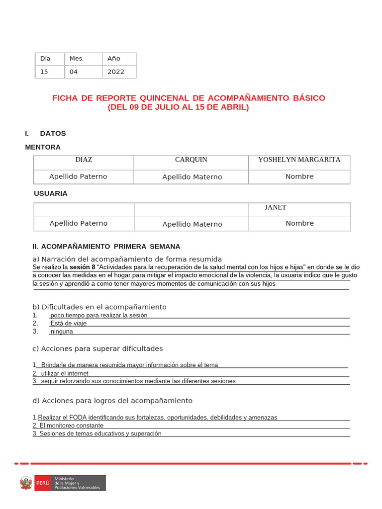 Ficha de Reporte Quincenal Janet. Siones 8,9,10,11,y 12docx | PDF ...