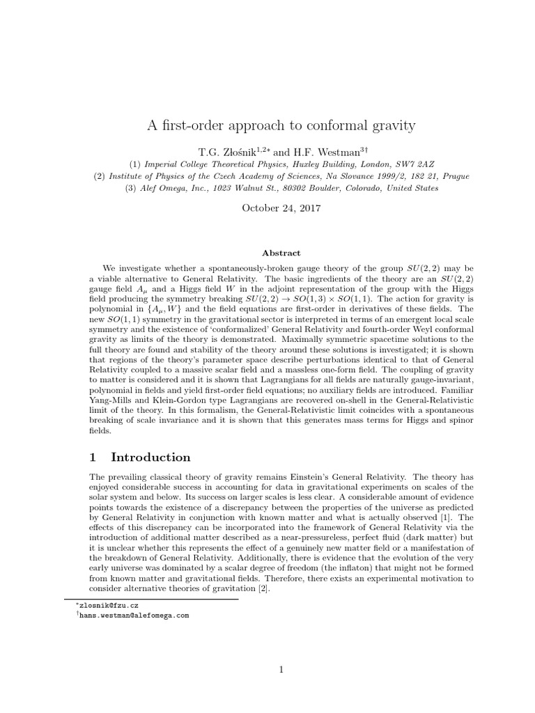 A First-Order Approach to Conformal Gravity Hans Westman | PDF