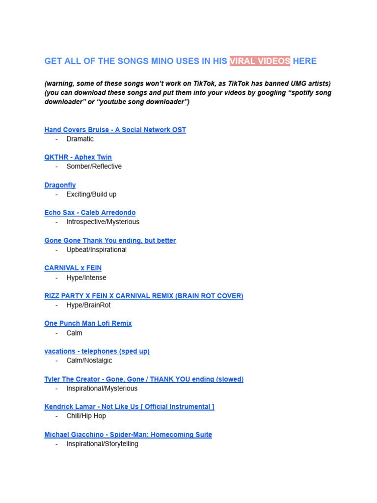 Mino's Viral Video Song List | PDF