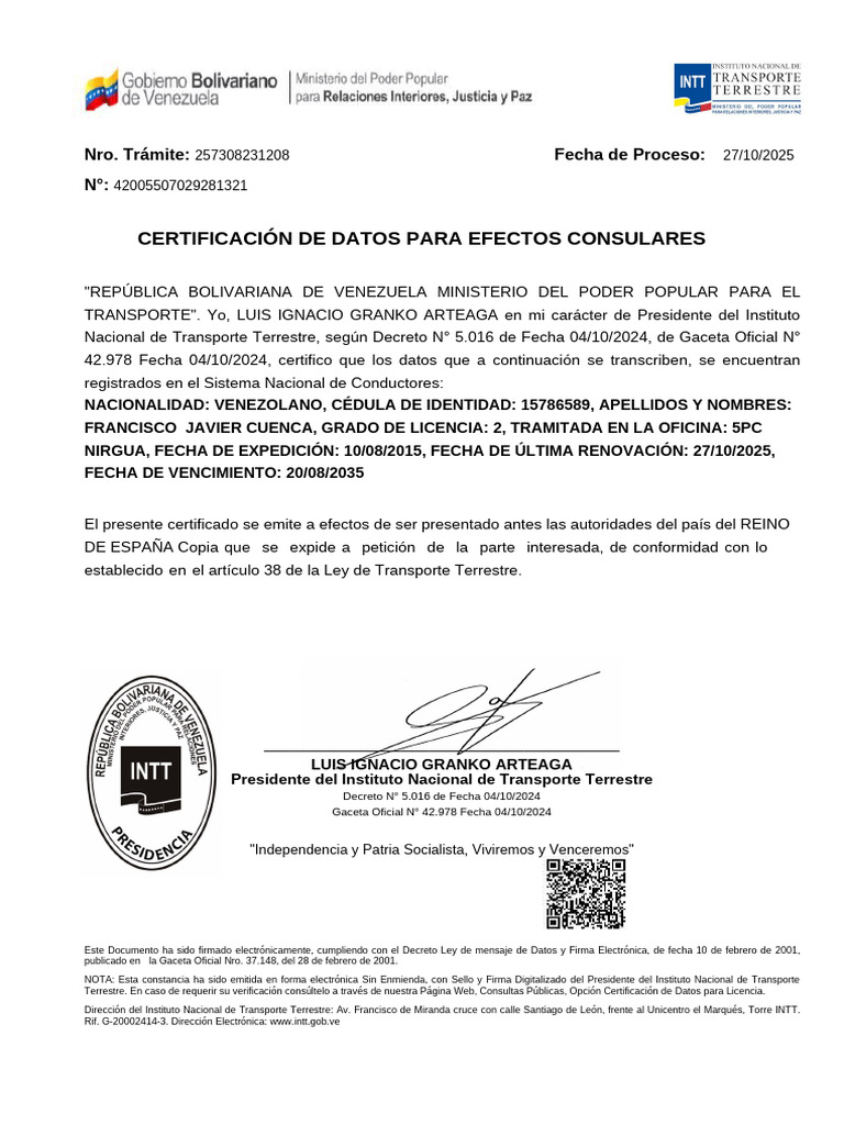 Carta Consular Francisco Cuenca 2025-10-24 Liceencia 2da | PDF