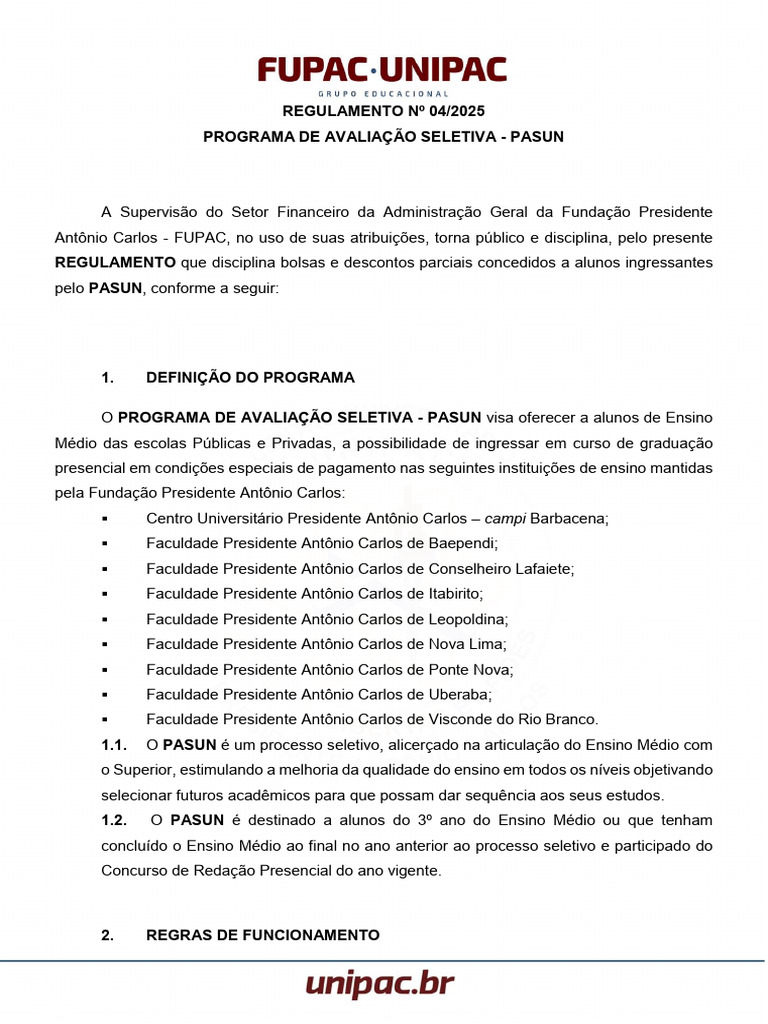 Regulamento 4 2025 Programa PASUN | PDF