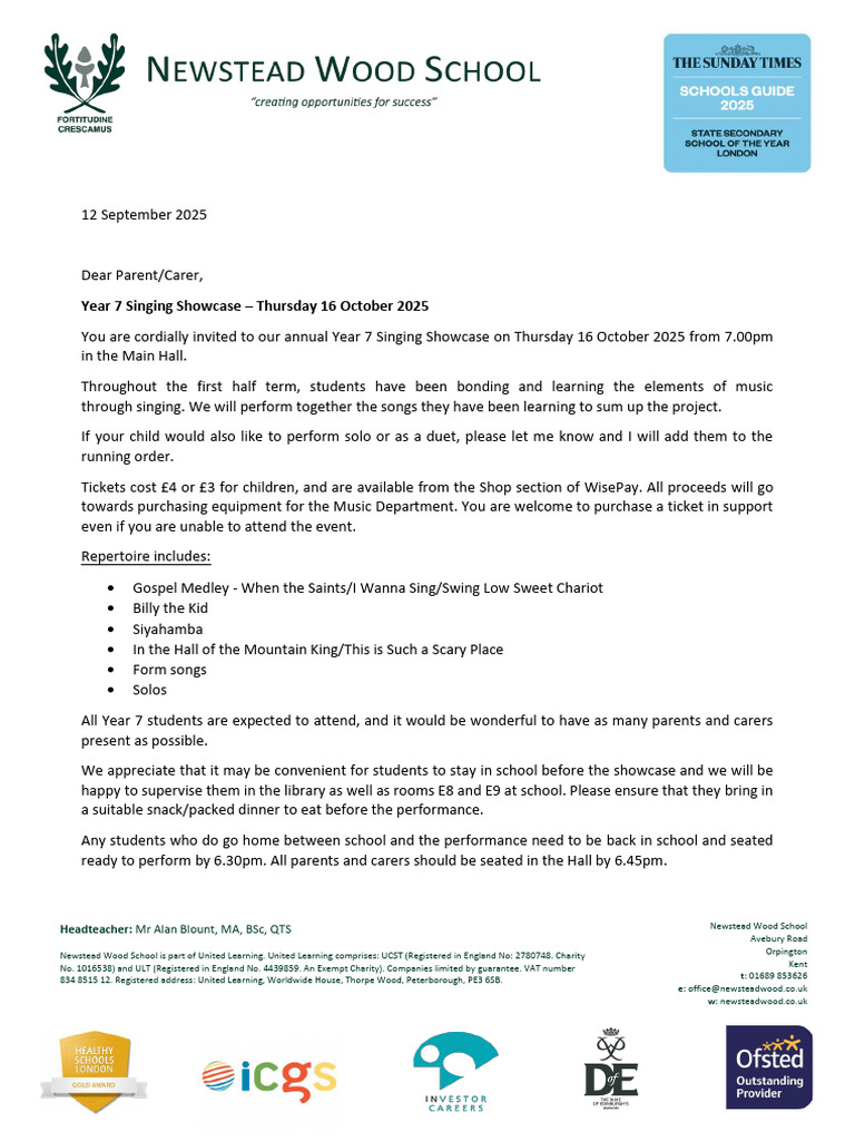 Year 7 Singing Showcase Invitation | PDF