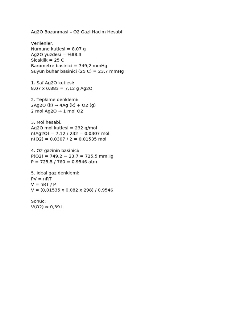 Ag2O O2 Gaz Hacmi Cozum YENI (1) | PDF