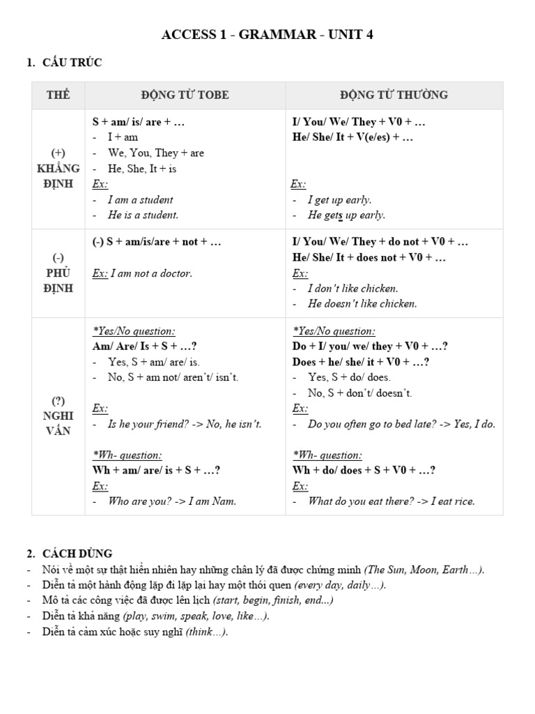Ba Ën Sao ACCESS 1 - GRAMMAR - U4 | PDF