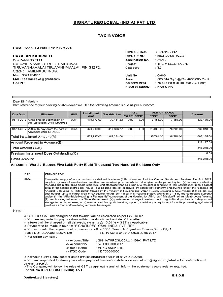 Tax Invoice for SignatureGlobal Project | PDF | Payments | Taxes
