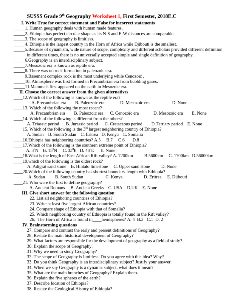 Grade 9 Geography Worksheet - Ethiopia | PDF | Ethiopia | Climate