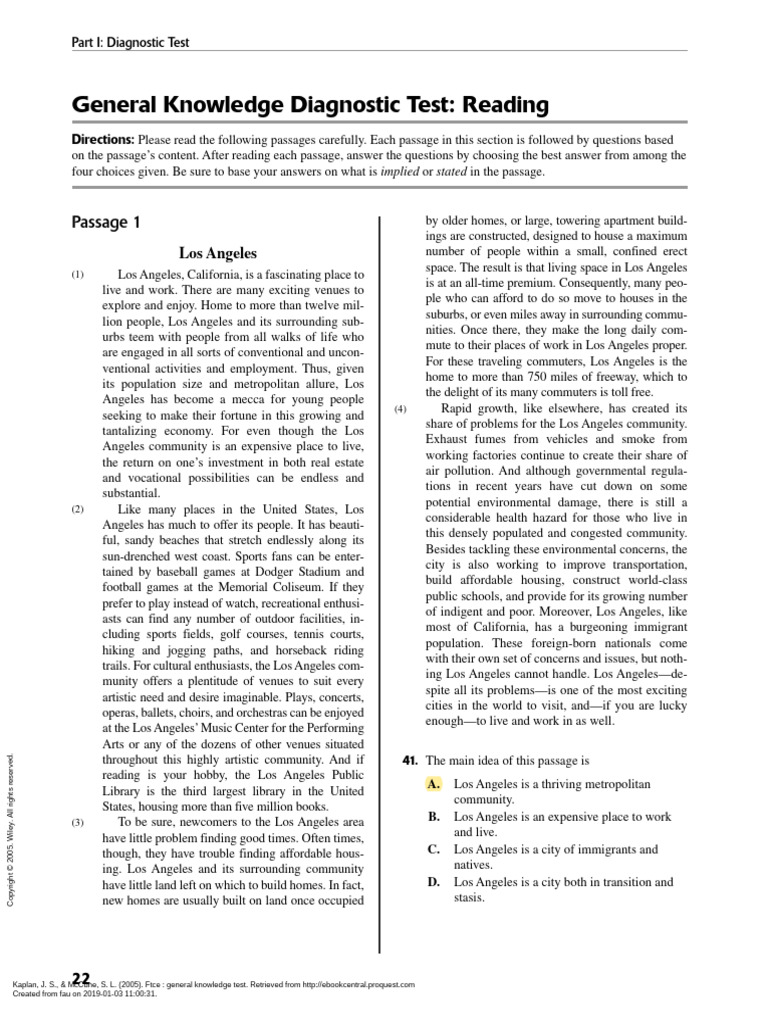 FTCE General Knowledge Reading Test Diagnostic 1 | PDF