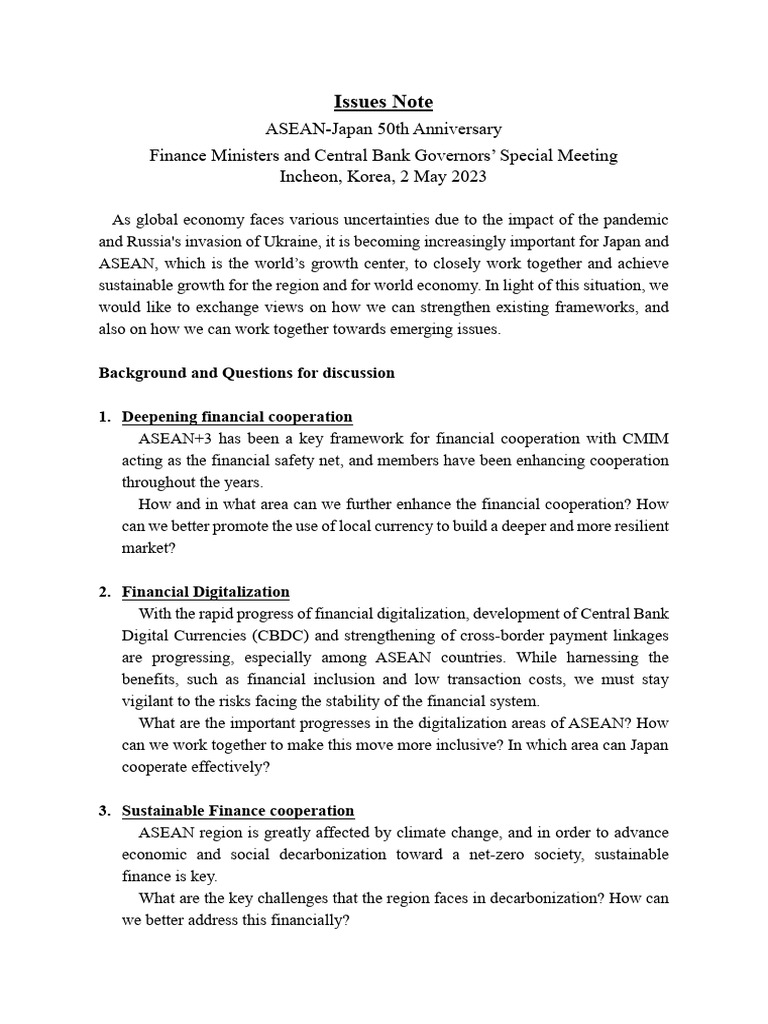 Issues Note ASEAN-Japan 50th Anniversary FMCBG Special Meeting | PDF