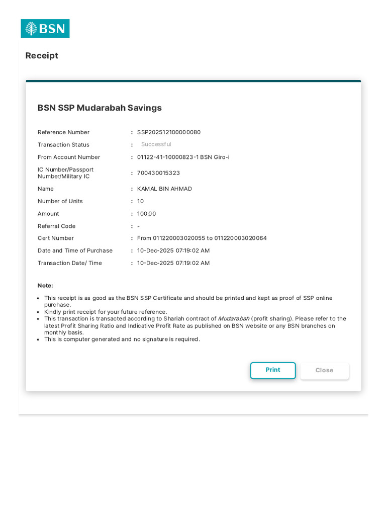 BSN SSP Mudarabah Savings Receipt | PDF