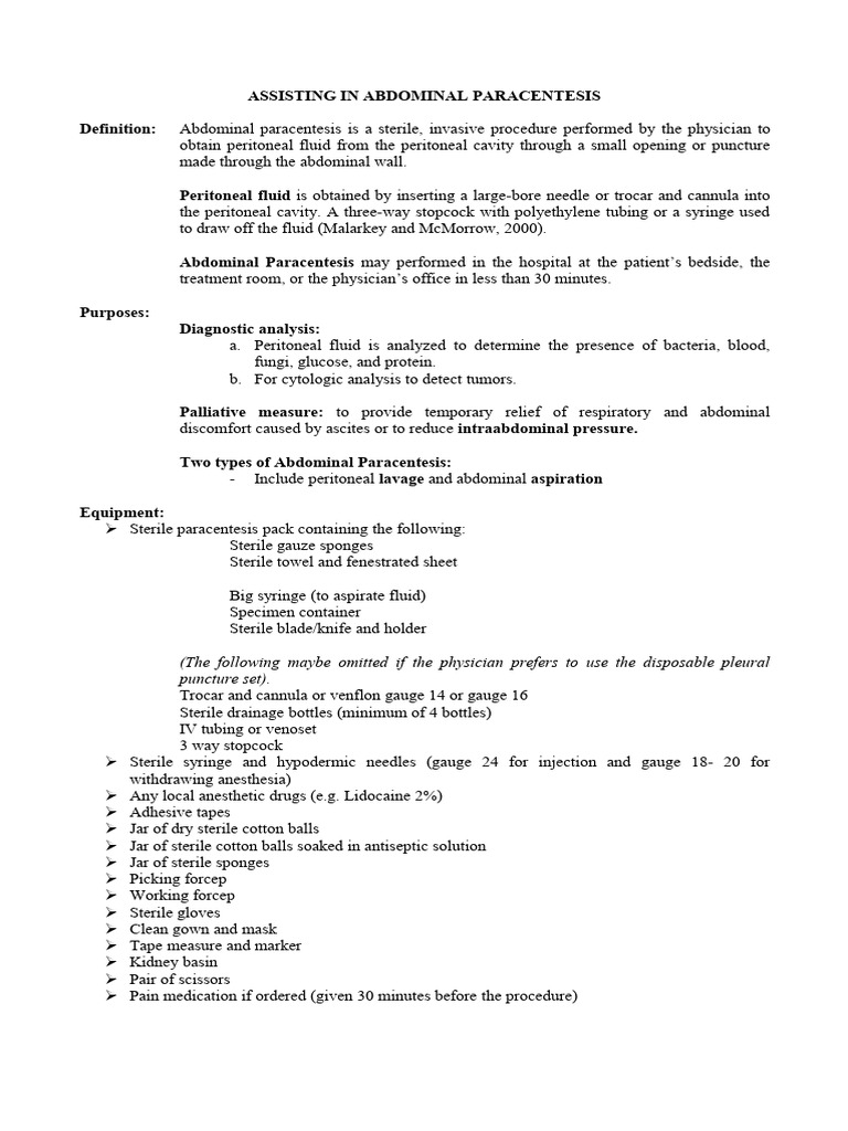Abdominal Paracentesis Procedure Guide | PDF | Medicine | Medical ...