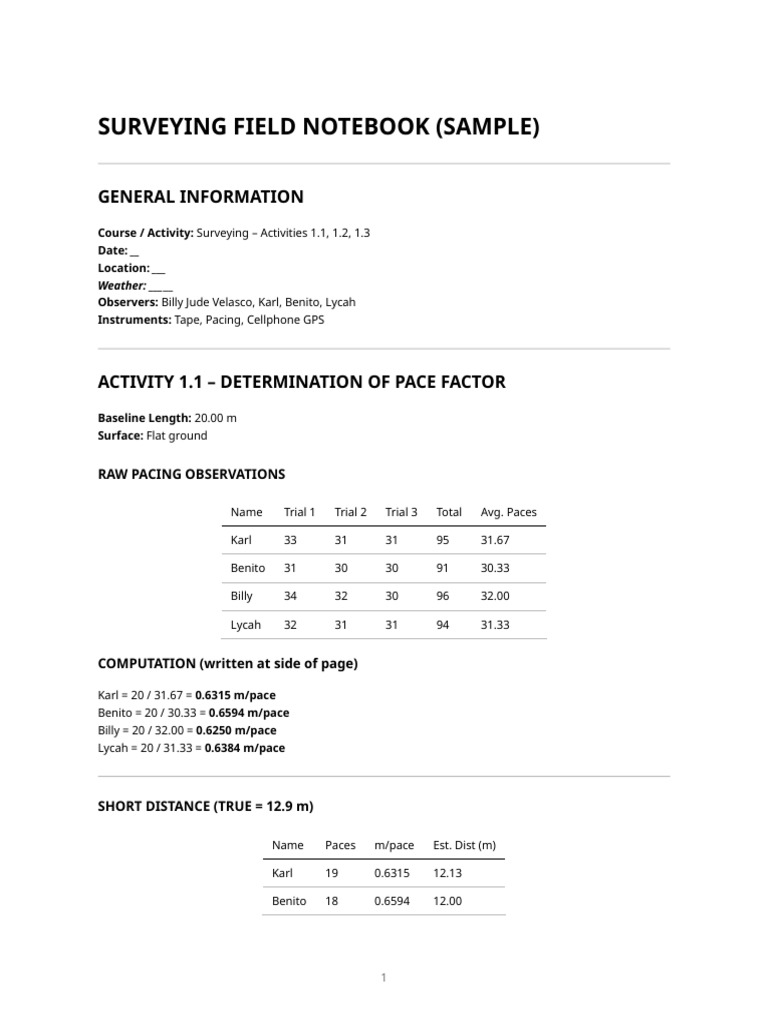 Sample Surveying Field Notebook Pages | PDF | Surveying | Geophysics