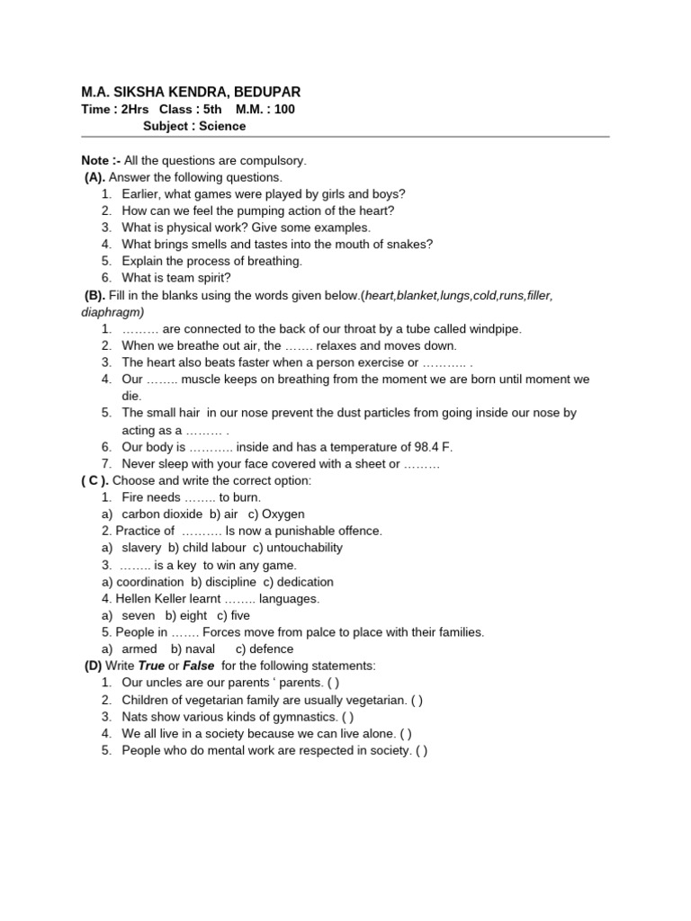 5th Grade Science Exam Questions | PDF