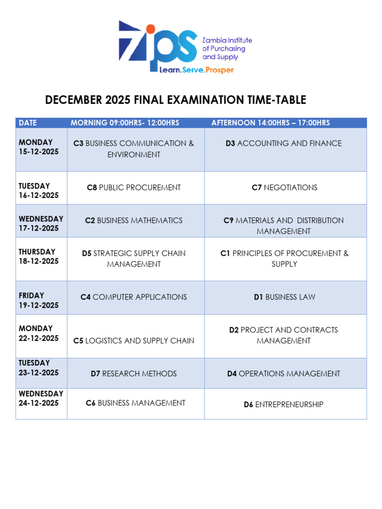 December 2025 Final Exam Time Table | PDF