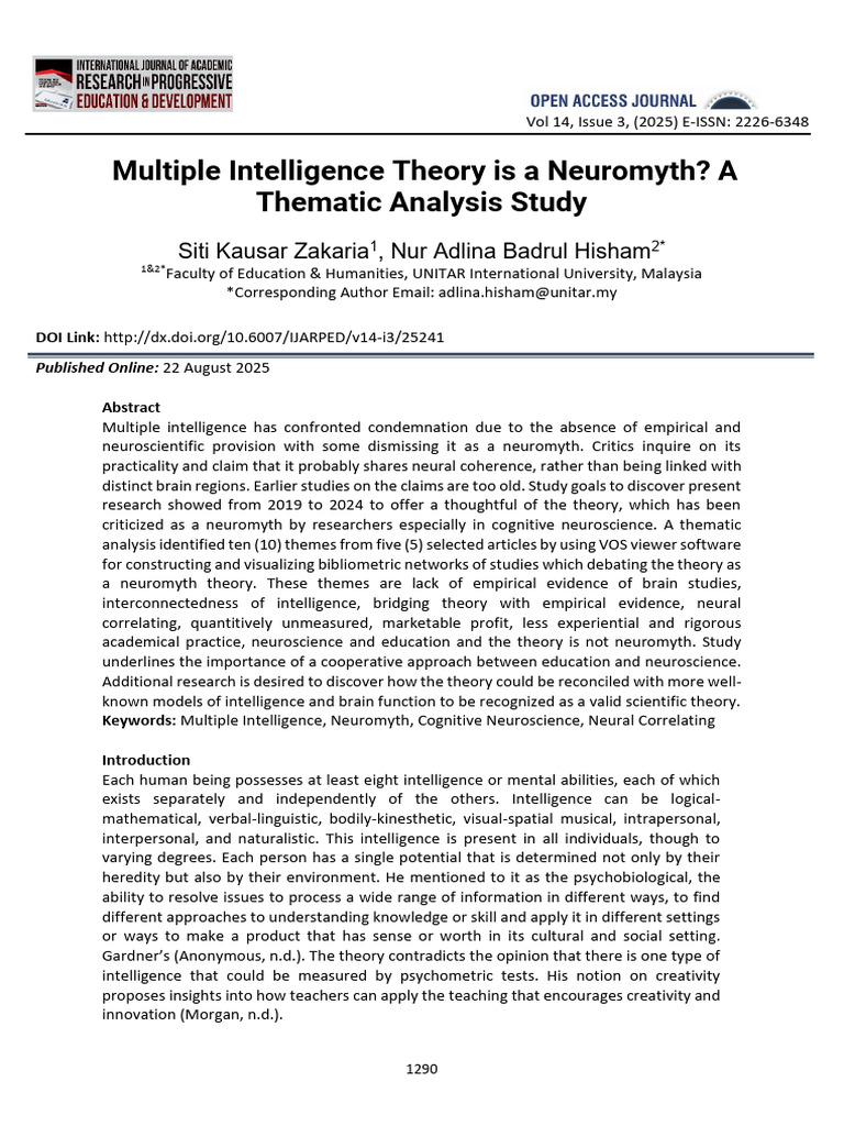 Multiple Intelligence: Neuromyth Analysis | PDF | Systematic Review ...