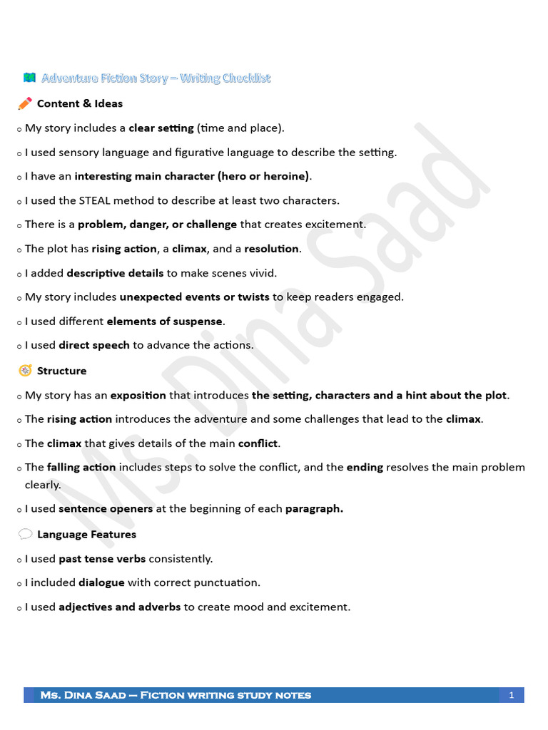 Adventure Story Checklist and Study Notes | PDF | Plot (Narrative ...