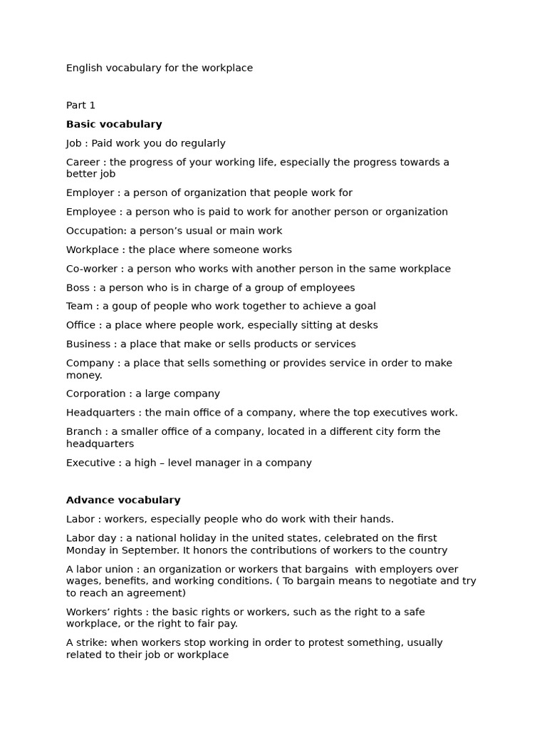 Workplace Vocabulary Essentials | PDF | Employment | Debt