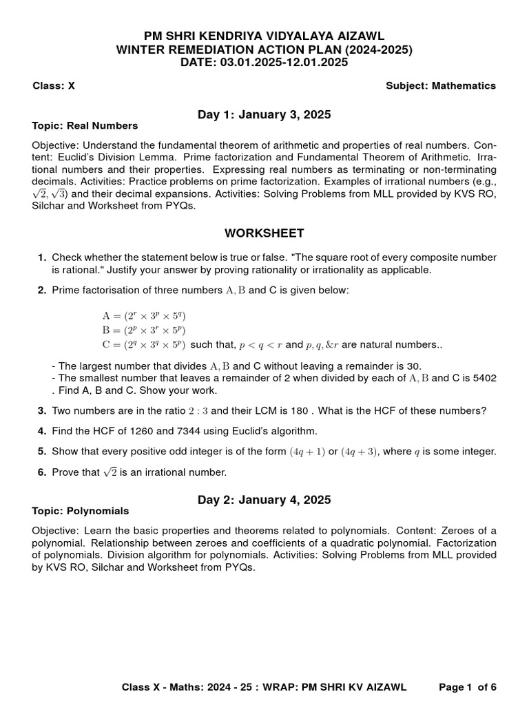 Action Plan for Winter Remedial Class x | PDF | Numbers | Real Number