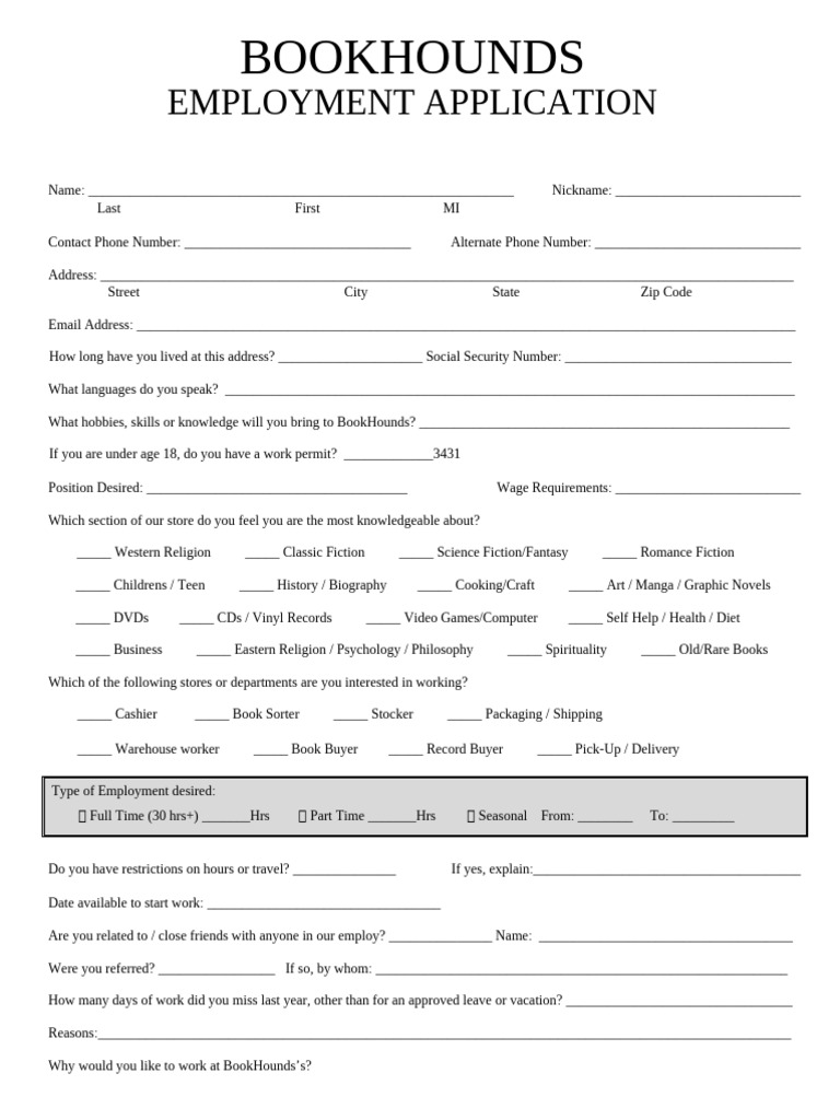 Form - BookHounds Employment Application | PDF | Workweek And Weekend ...