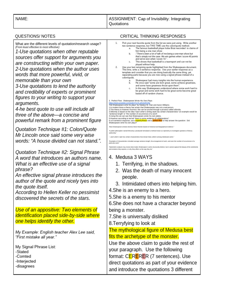 Quotation Techniques for Effective Writing | PDF | Characters In Romeo ...