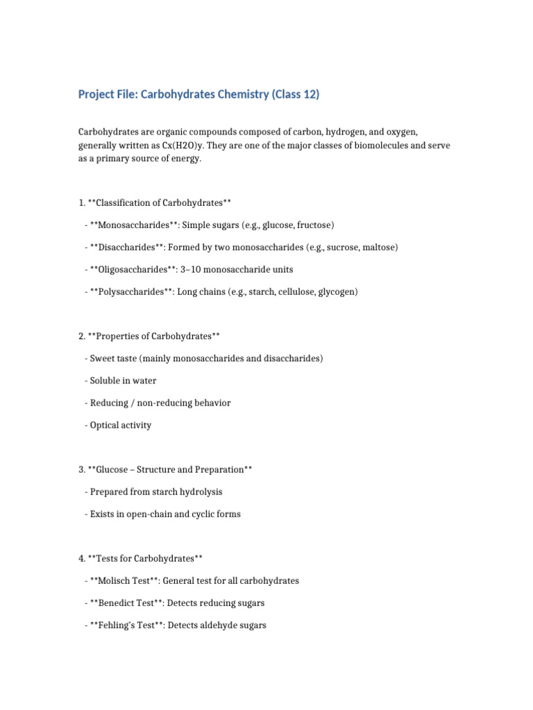 Carbohydrates Project Class12 | PDF
