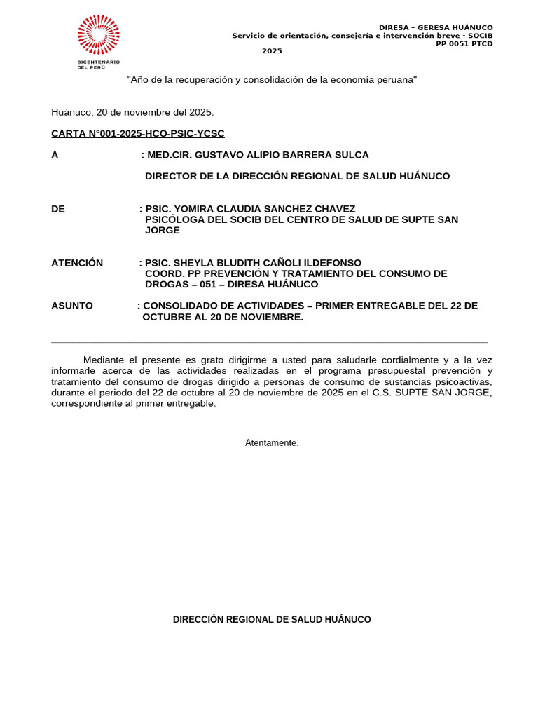 Informe Actividades SOCIB Huánuco 2025 | PDF | Drogas | Salud mental