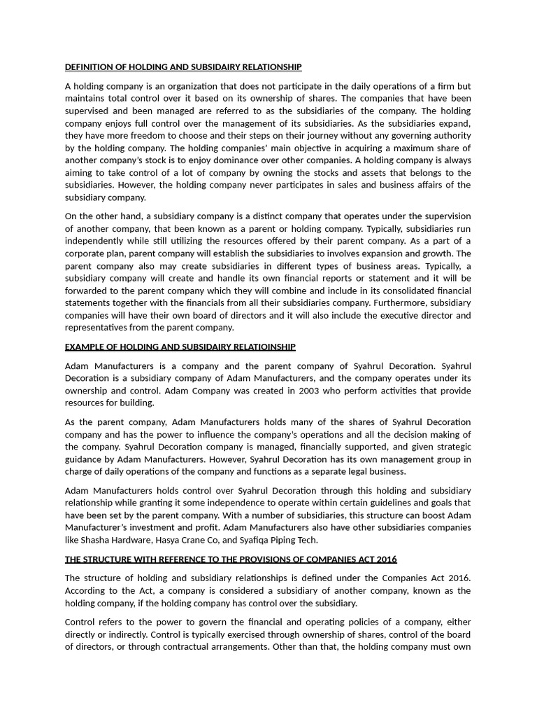 Holding and Subsidiary Company Overview | PDF | Subsidiary | Holding ...