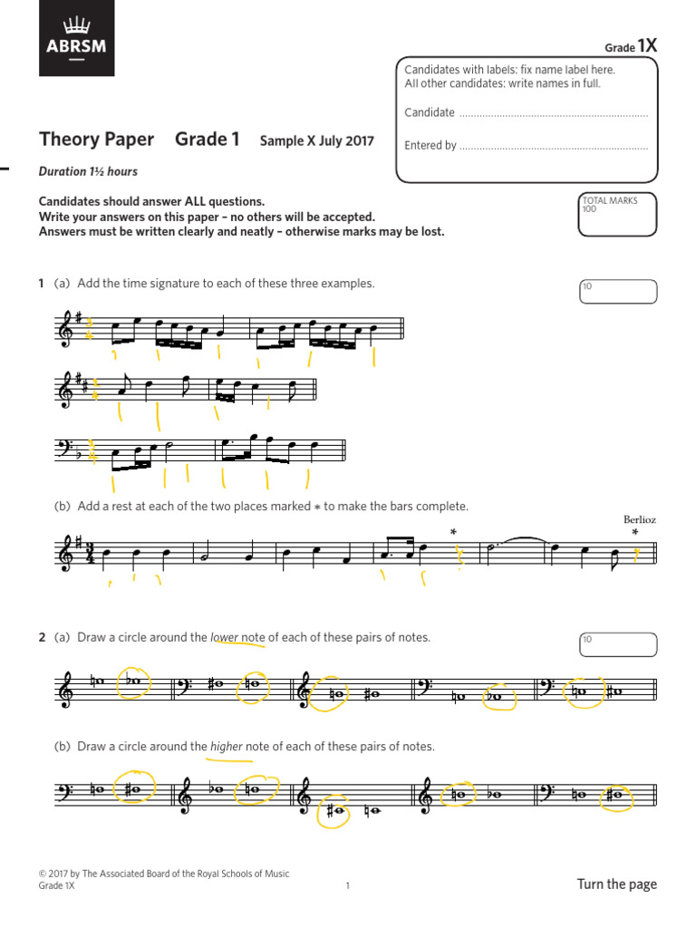 Grade 1 Music Theory Exam Sample | PDF | Scale (Music) | Musical Notation