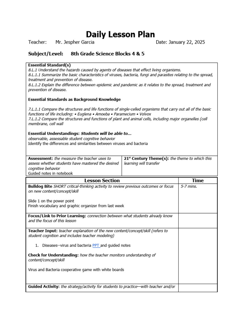 Daily Lesson plan | PDF | Cell (Biology) | Teachers