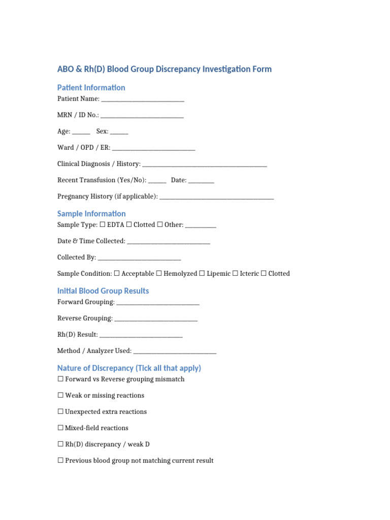 ABO Rh Blood Group Discrepancy Form | PDF