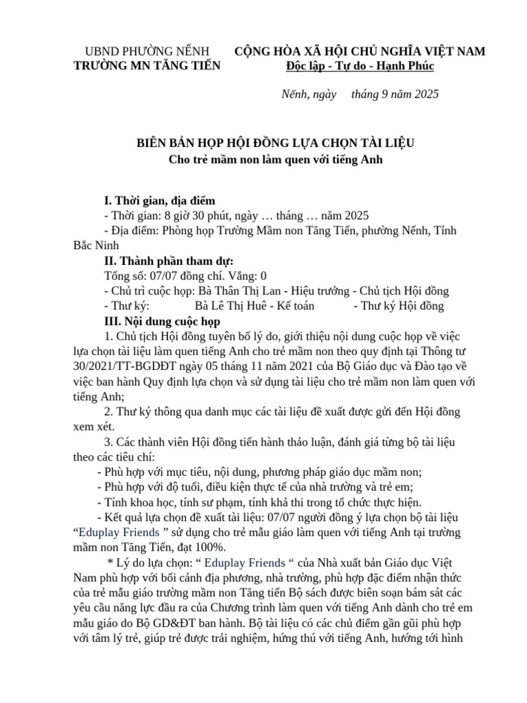 Bien Ban Hop Hoi Dong Lua Chon Tai Lieu Tang Tien | PDF