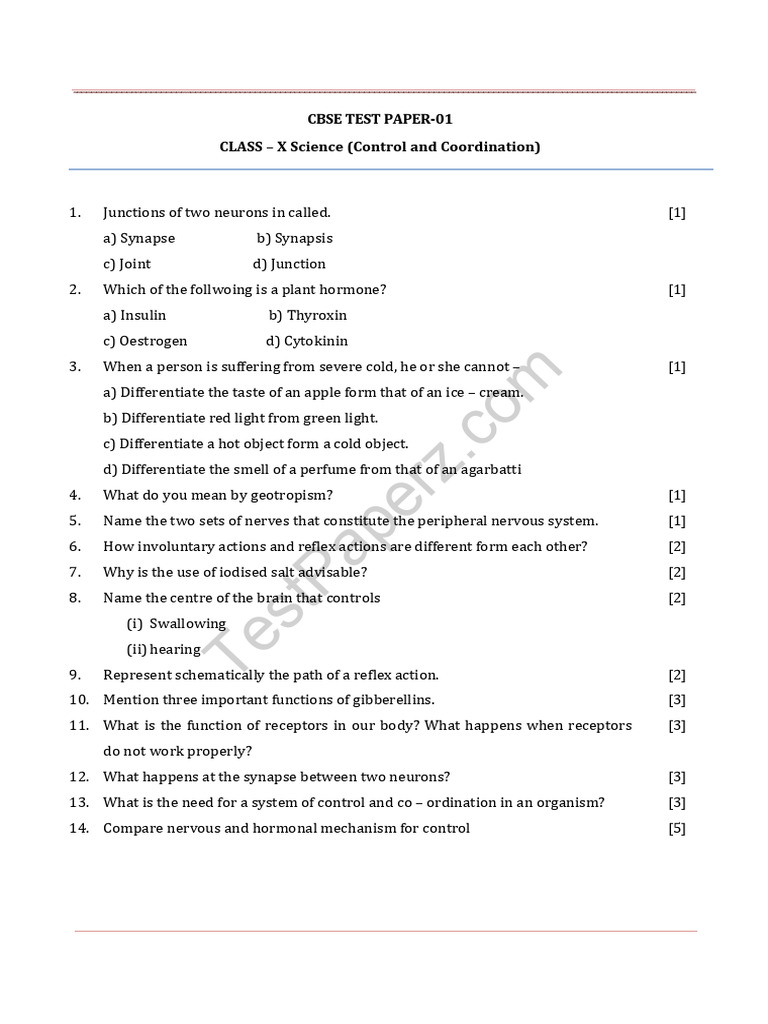 CBSE Class X Science Test Paper: Control & Coordination | PDF