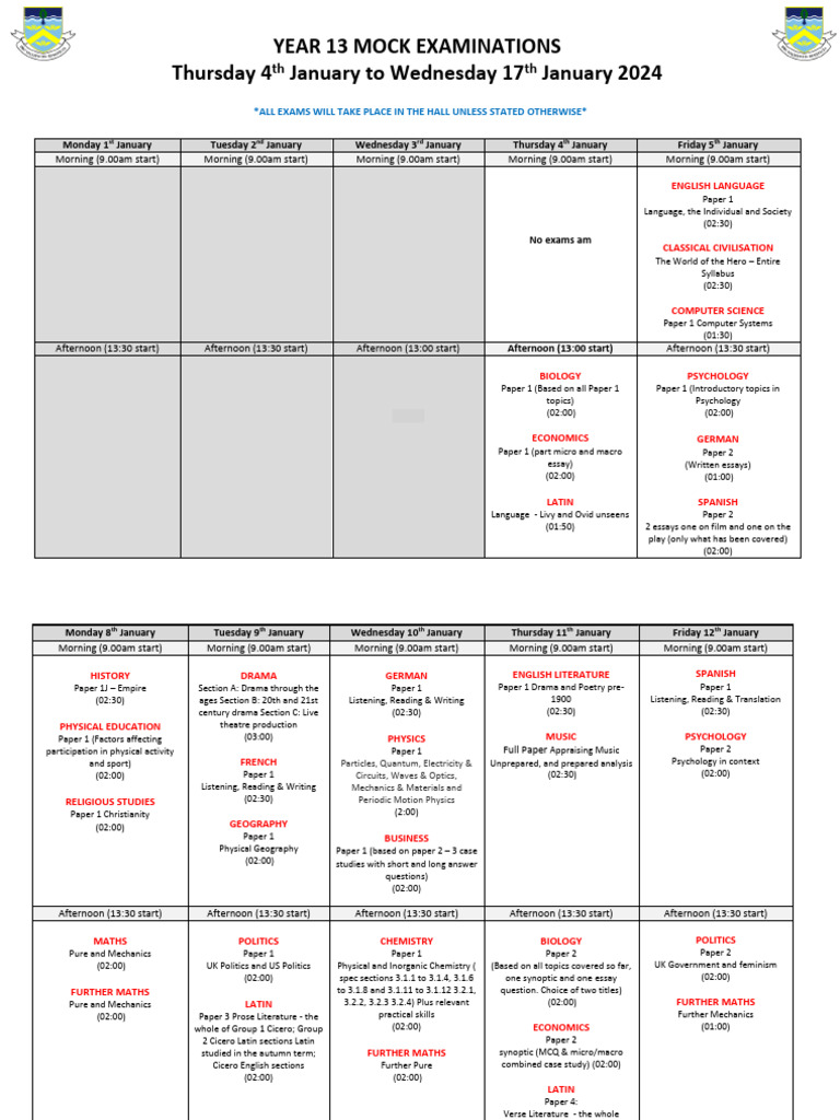 Year 13 Mock Exam Schedule 2024 | PDF | Physics | Mathematics