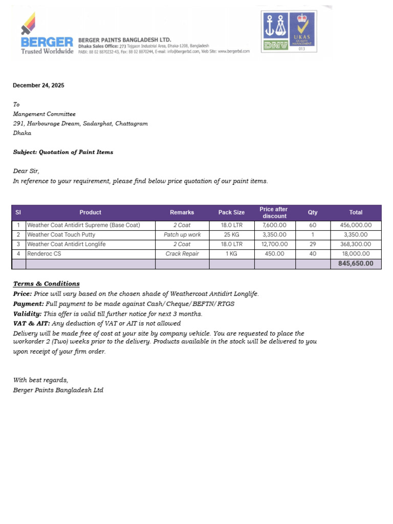 Paint Quotation for Berger Products | PDF