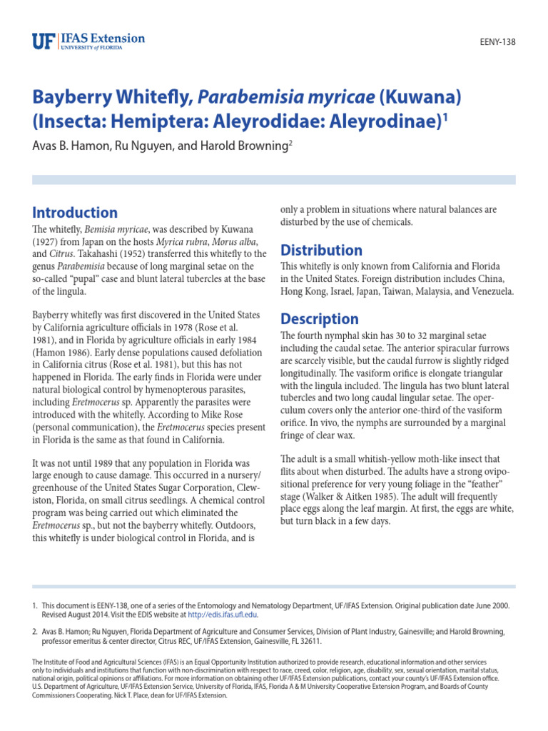 Hamon Et Al 2014. Bayberry Whitfly Parabemisia Myricae | PDF | Insects