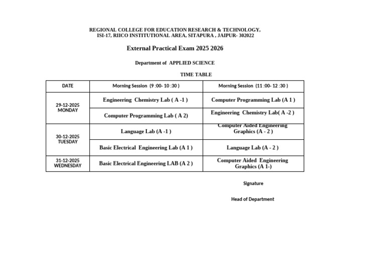 External I Sem Practical Time Table 2025 2026.Xlsx | PDF