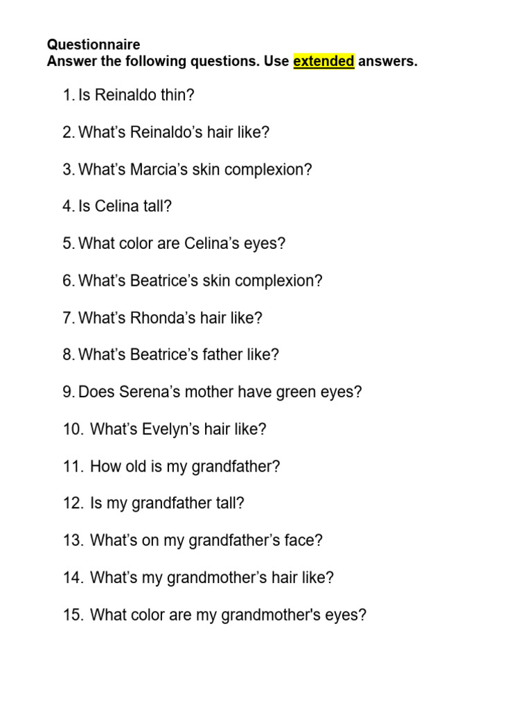 Character and Family Description Questionnaire | PDF