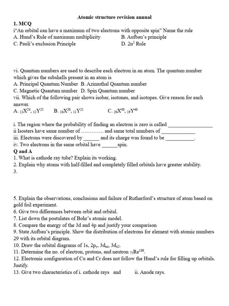 Atomic Structure MCQs and Revision Guide | PDF