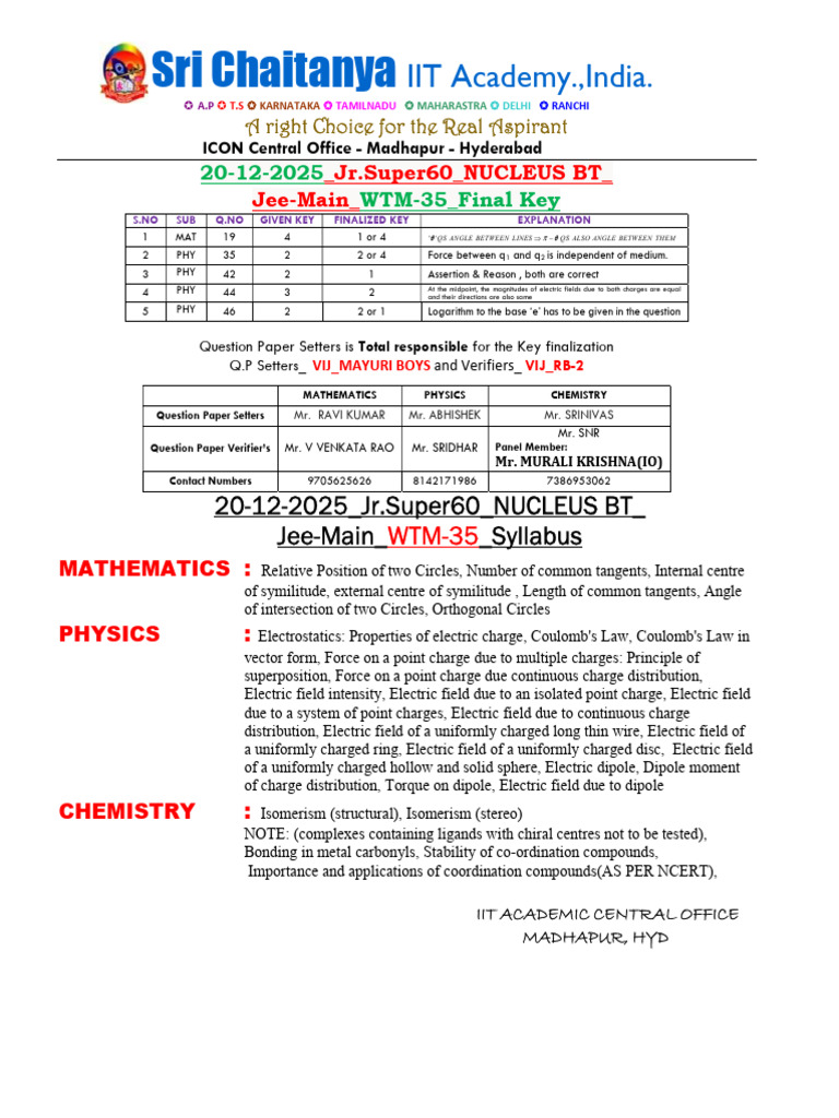 20-12-2025 Jr.super60 Nucleus Bt Jee-main Wtm-35 Final Key | PDF ...