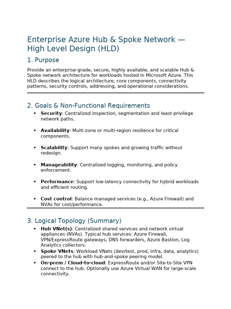 Enterprise Azure Hub-Spoke Network - High Level Design | PDF | Firewall ...