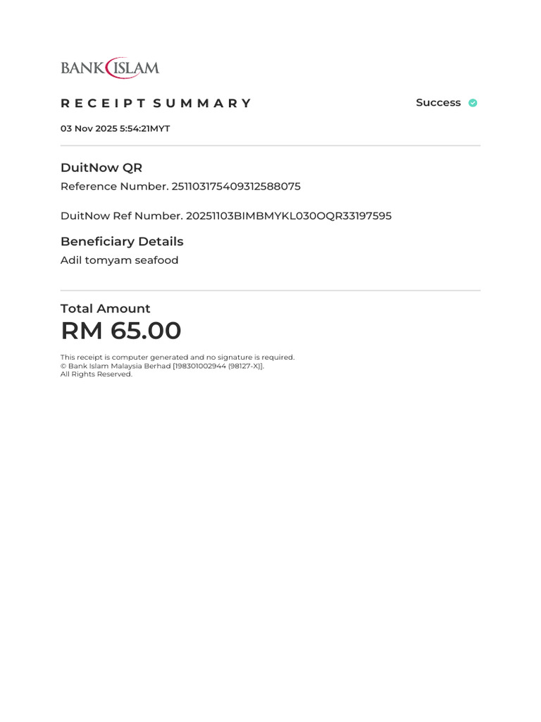 DuitNow QR Payment Receipt Summary | PDF