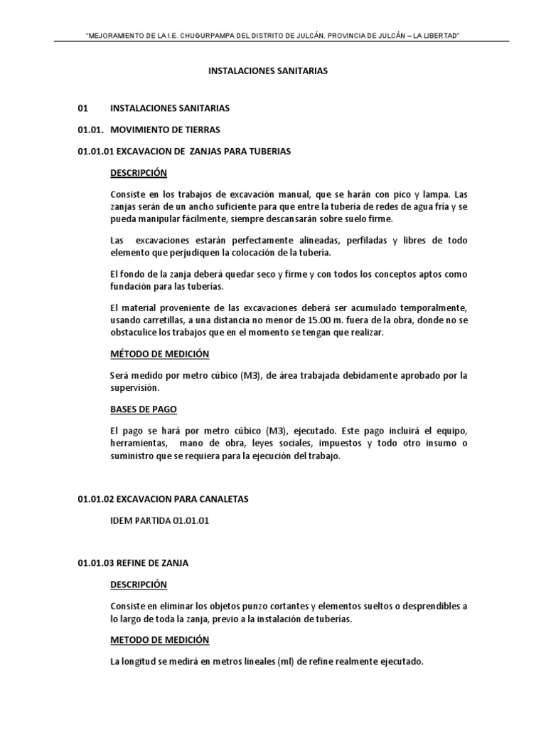 Especificaciones Tecnicas - Instalaciones Sanitarias | Descargar gratis PDF | Hormigón | Cemento