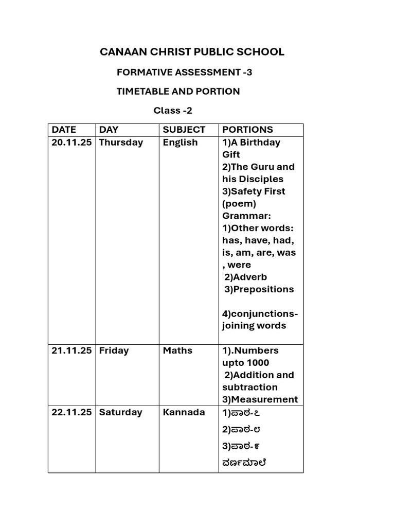 Class 2 Formative Assessment Timetable | PDF | Syntax | Grammar