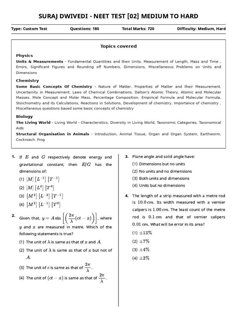 Suraj Dwivedi - Neet Test [02] Medium to Hard | PDF | Force | Mass