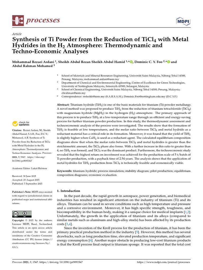 Synthesis of Ti Powder From The Reduction of TiCl4 | PDF ...